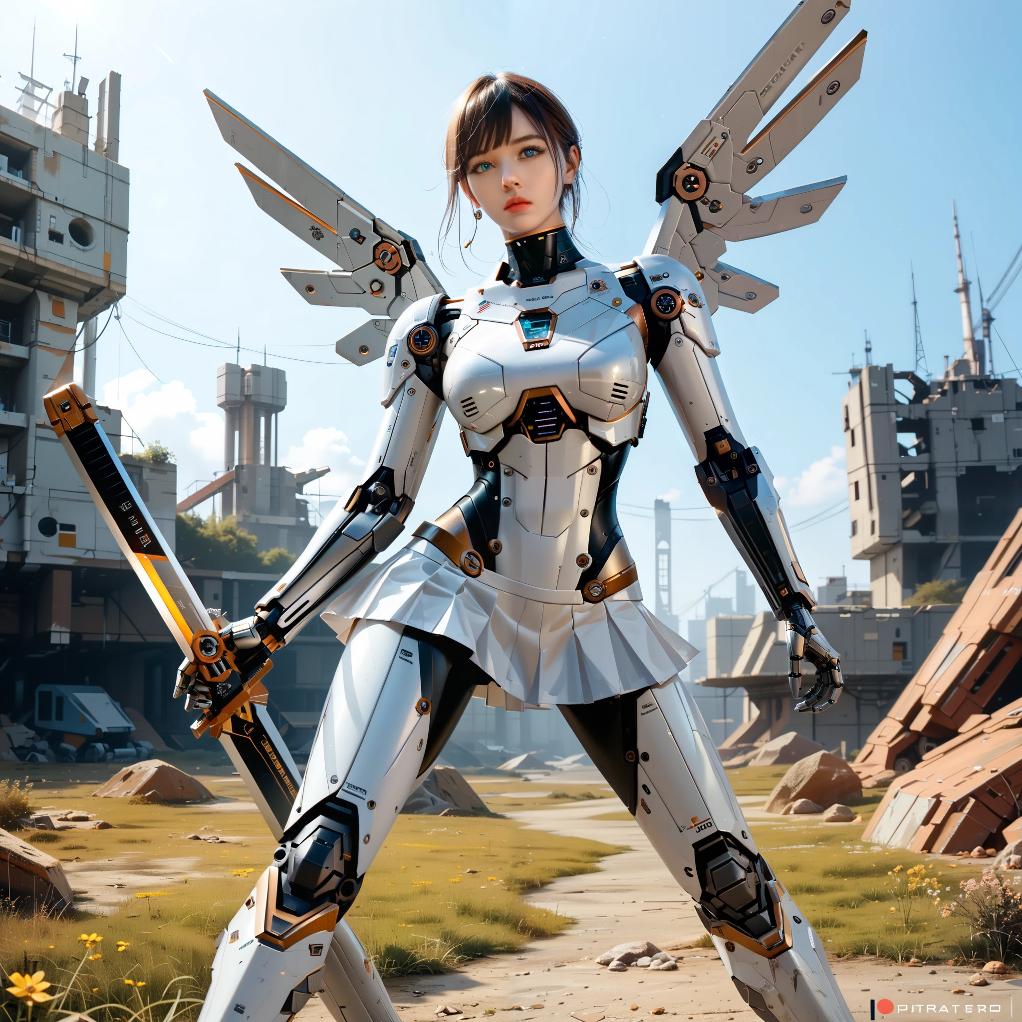Anime - style female robot with two swords standing in front of a ...