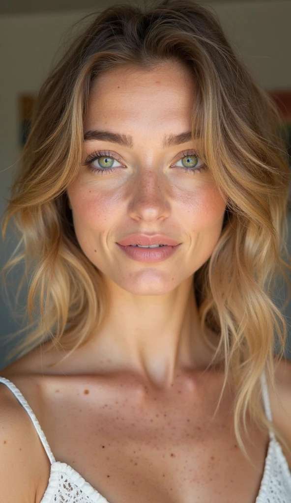 A Gemini woman with soft, slightly oval facial features, radiating a ...