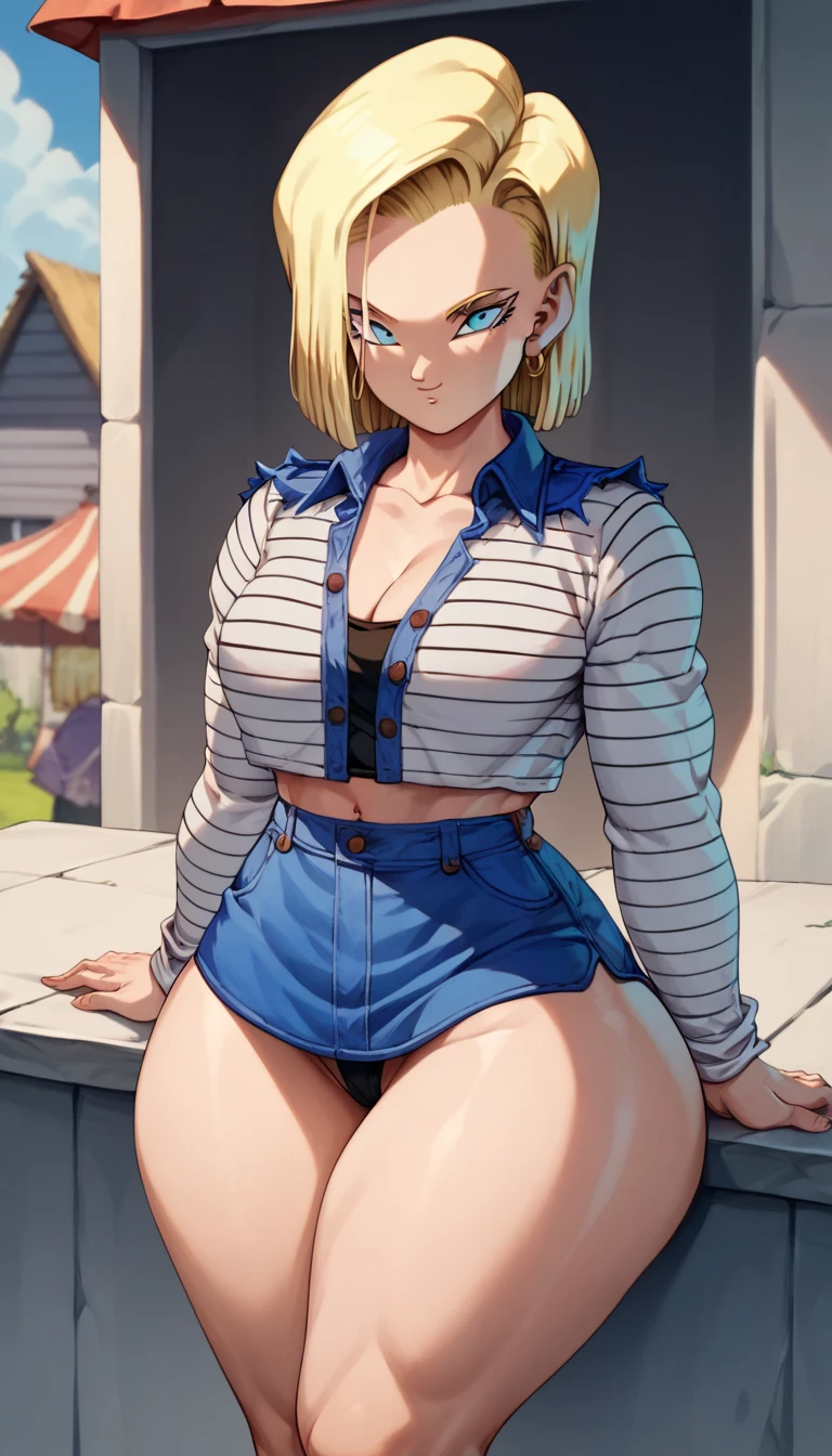 Android 18 blonde with short hair blue eyes big boobs thick thighs big abdomen h - SeaArt AI