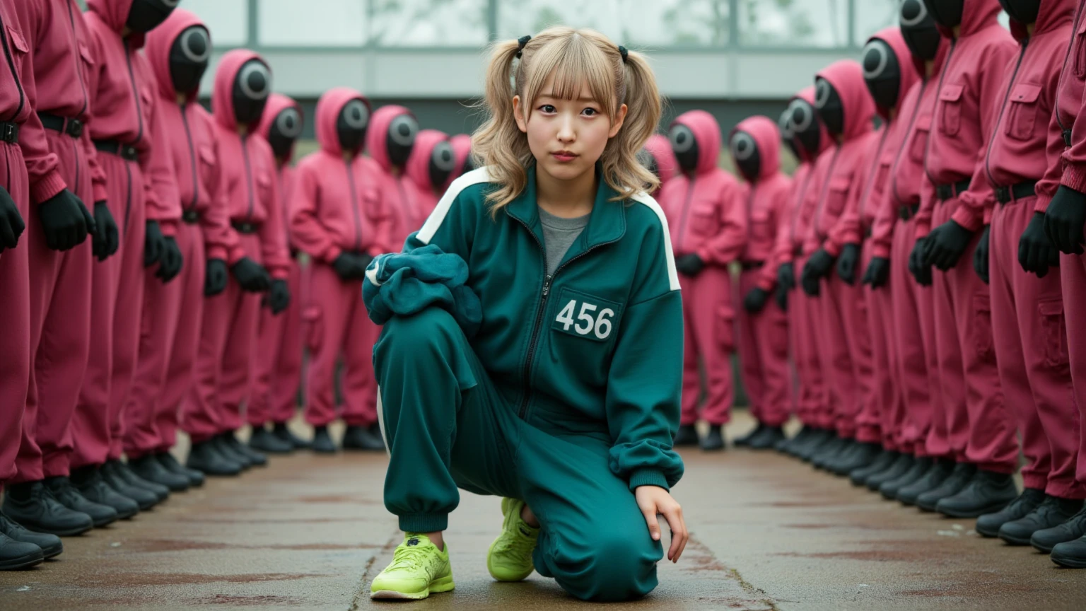 japanese blonde girl , sneakers in green squid game uniforms with a ...