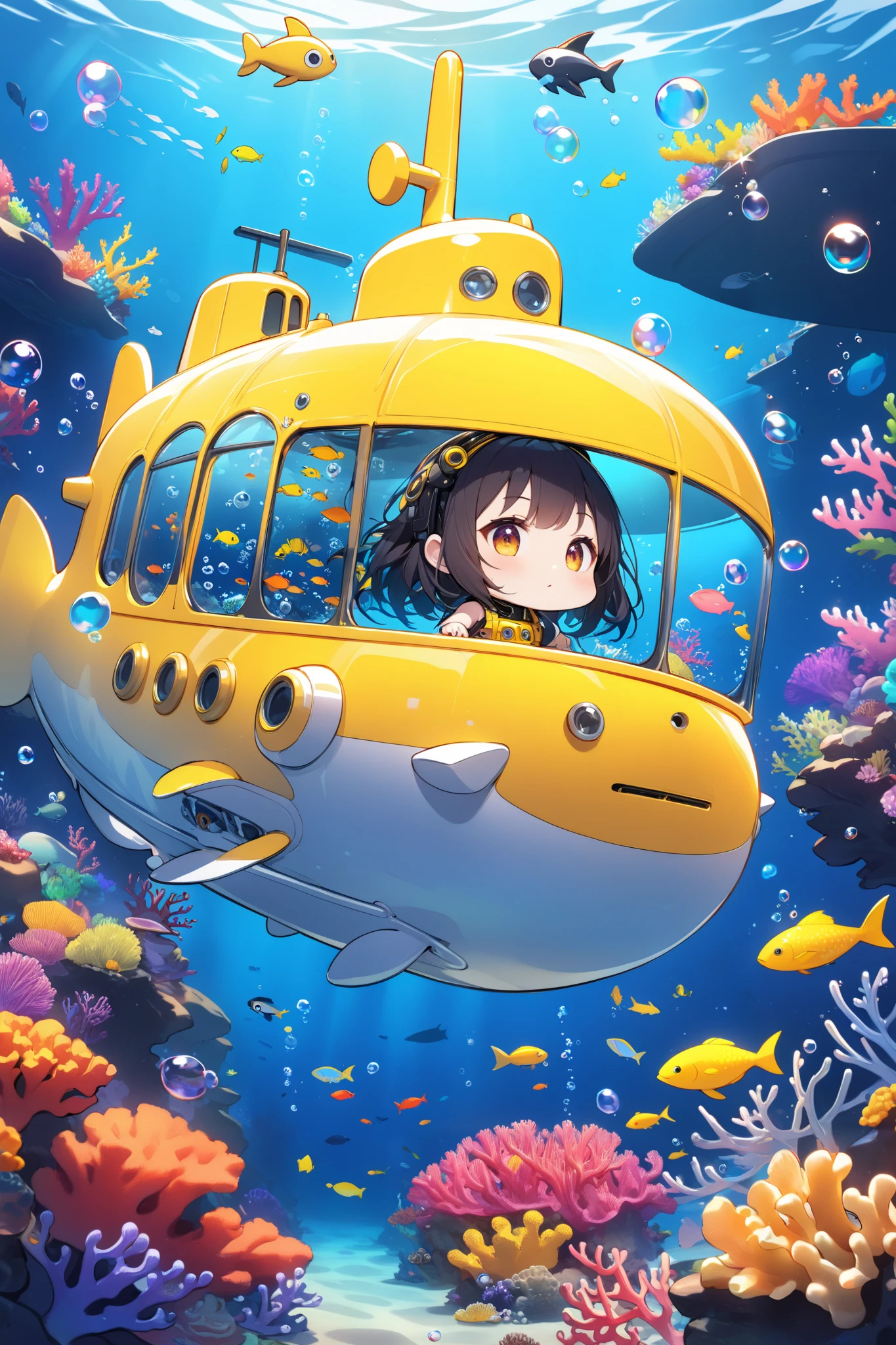 Masterpiece, best quality, (chibi), solo, 1girl, riding submarine ...