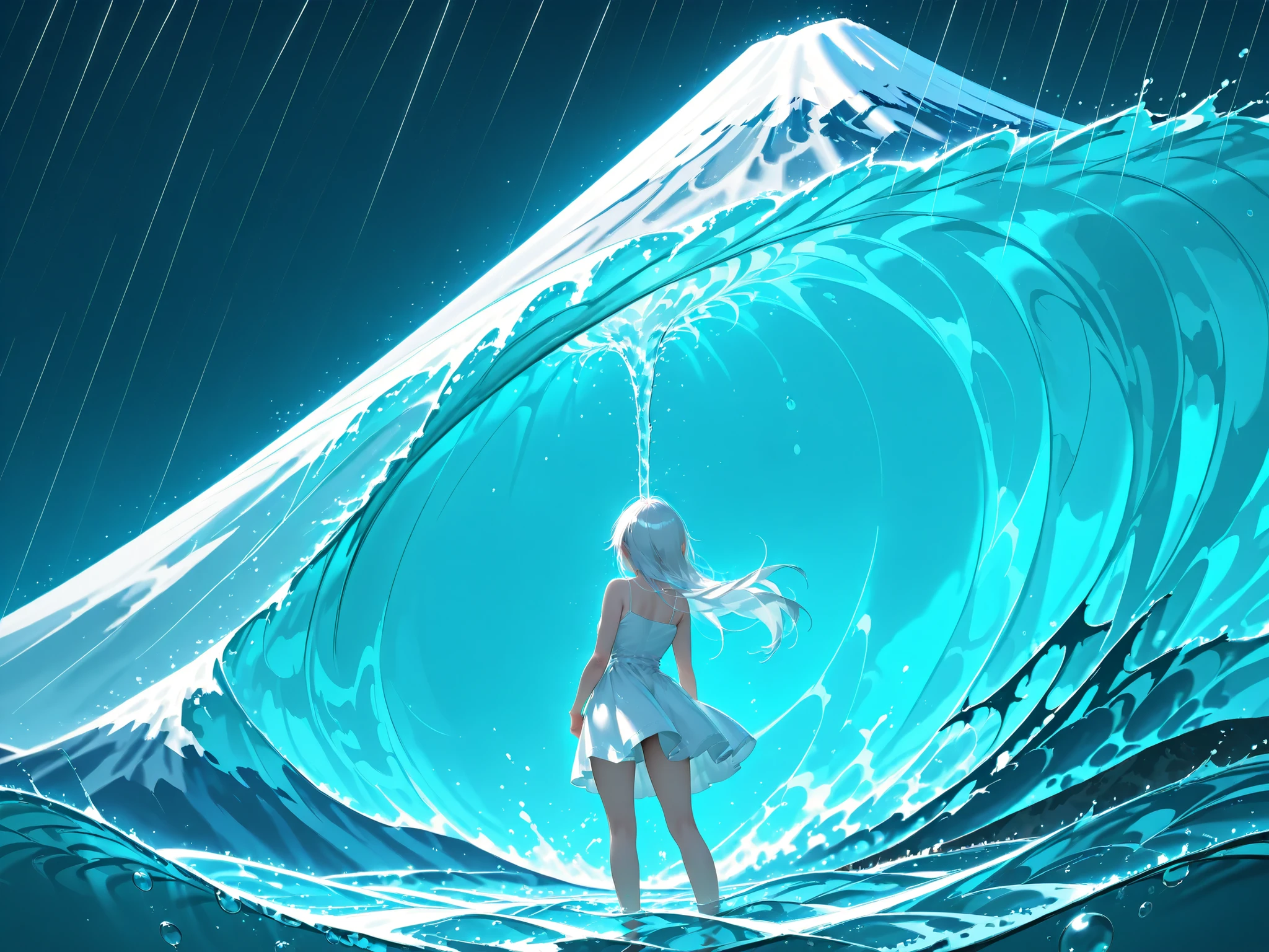 Anime girl standing on a surfboard in the middle of a wave - SeaArt AI