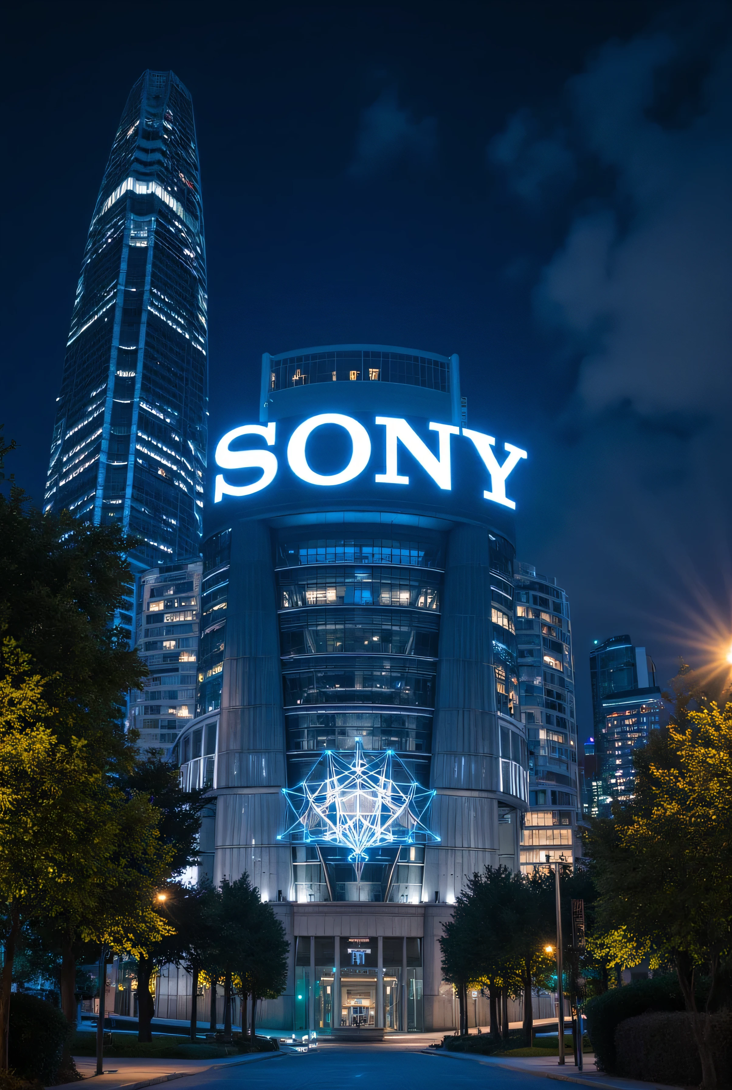 Arafed view of a sony building with a sign lit up at night - SeaArt AI