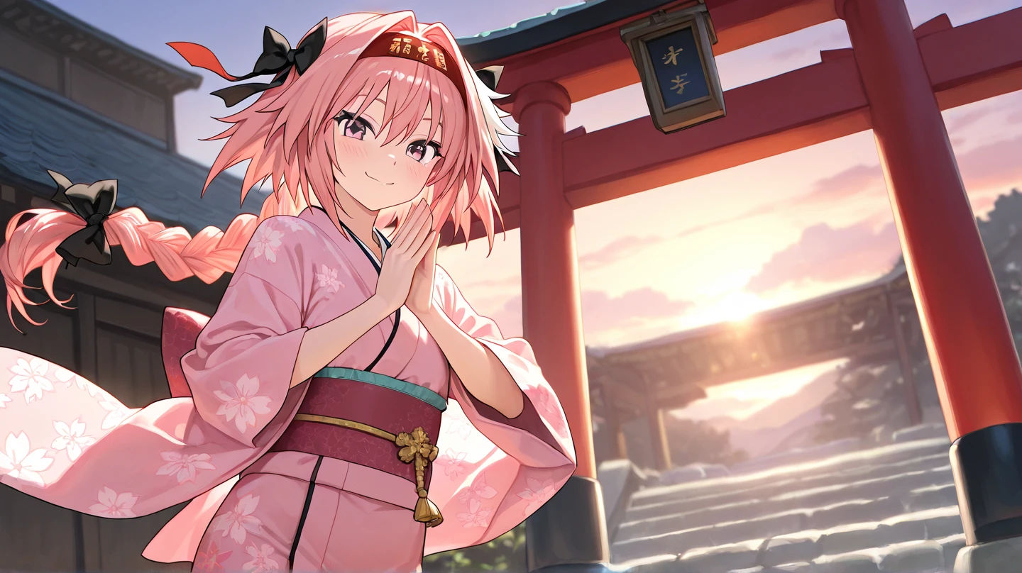 1girl, Solo, Blush, Smile, Japanese Headband, pink Kimono, Astolfo ...