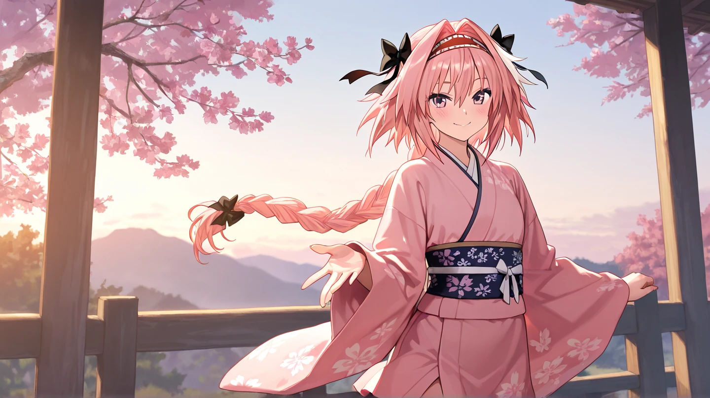1girl, Solo, Blush, Smile, Japanese Headband, pink Kimono, Astolfo ...