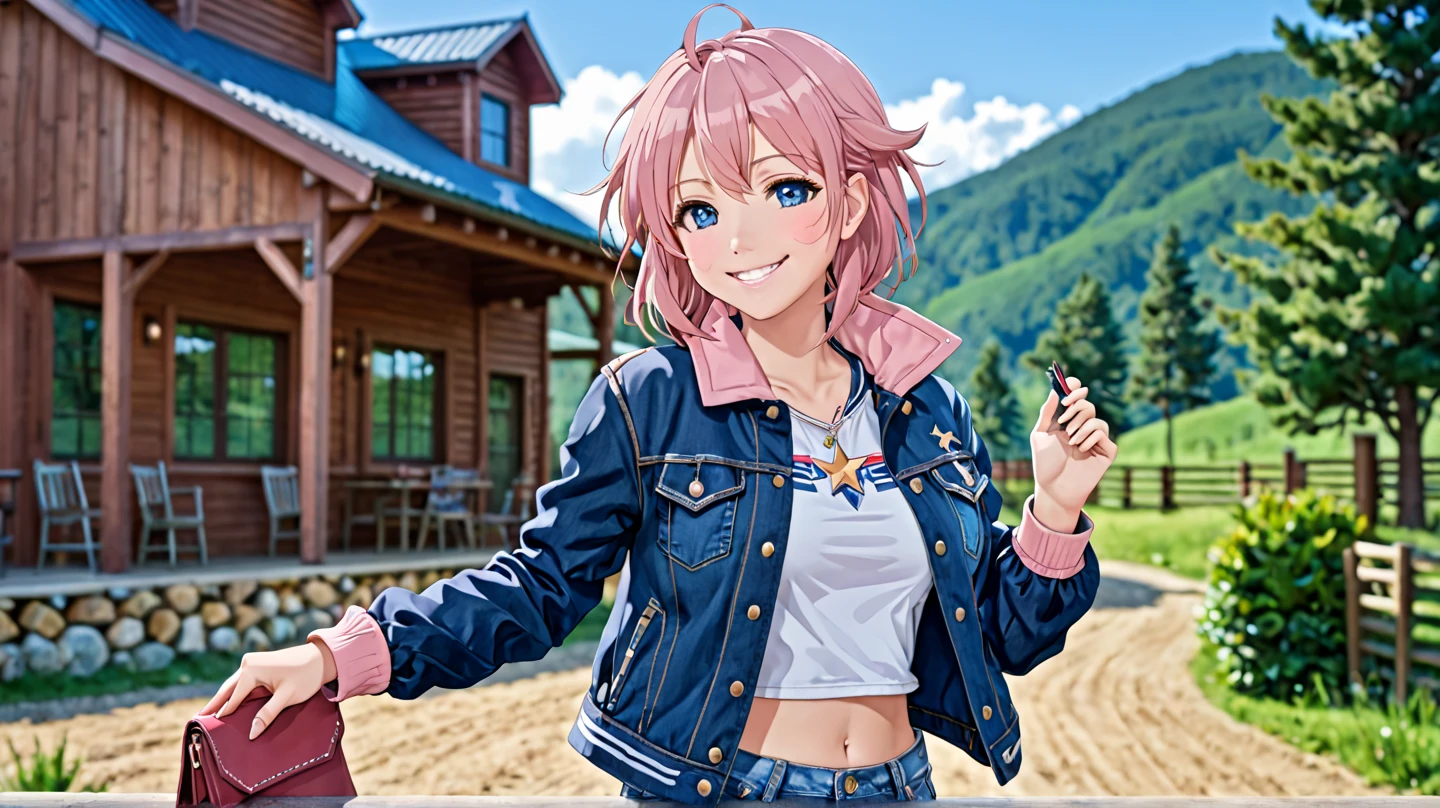1girl, Solo, Blush, Smile, Blue Jacket, Blue Jean Short, Astolfo ...