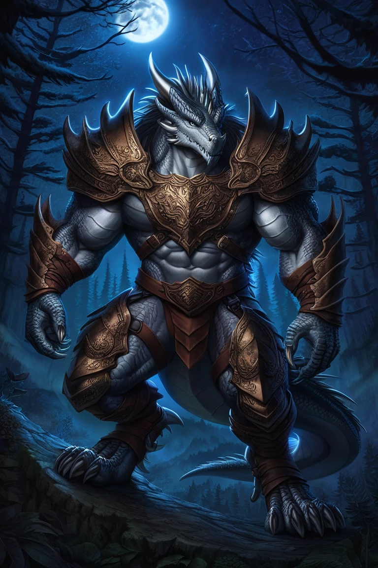 Muscular dragon, solo, anthro dragon, detailed skin, strong, silver ...