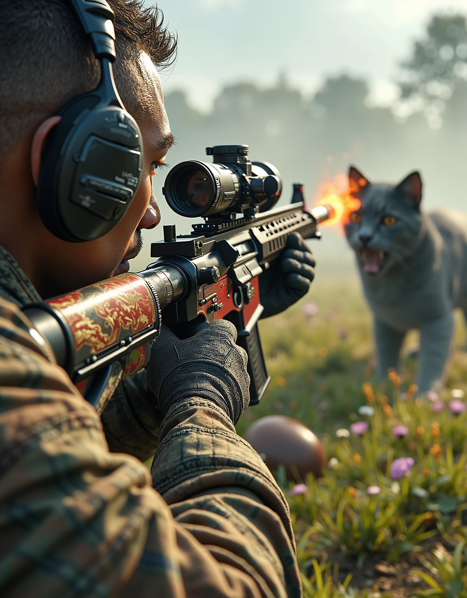 Arafed man with a rifle aiming a tiger in a field - SeaArt AI