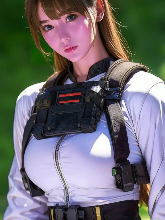 Woman wearing white clothes and headphones holds a rifle, 42 - SeaArt AI