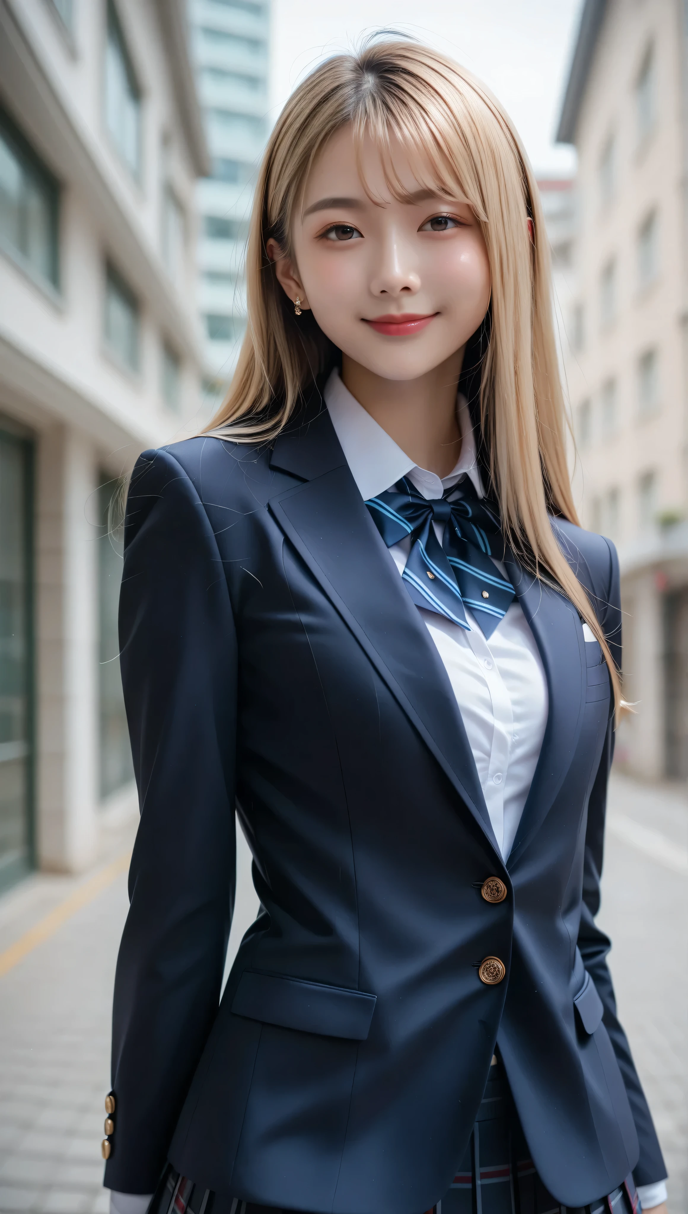 Arafed woman in a blue suit and tie standing in a street - SeaArt AI