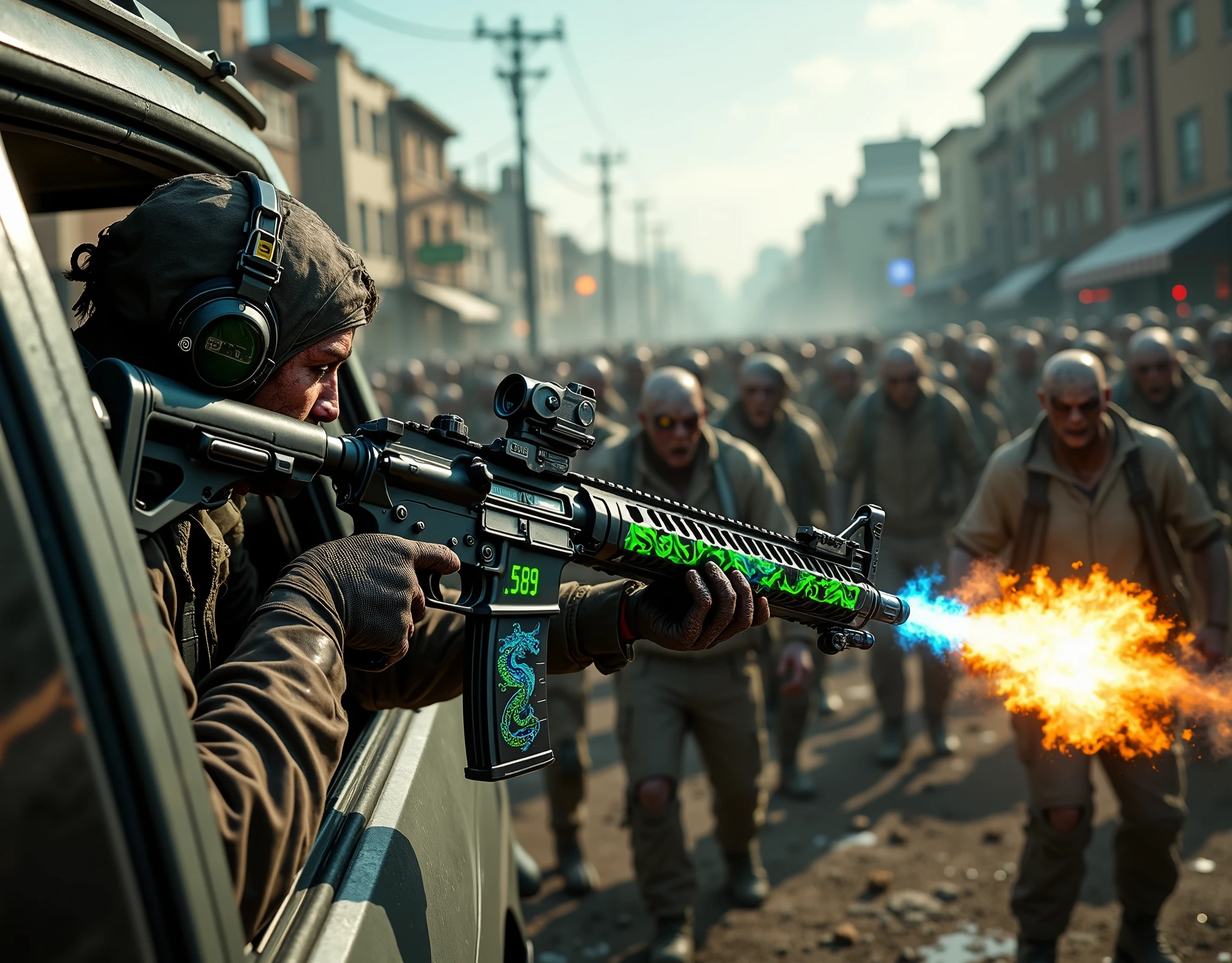 Soldiers are firing at a group of people in a street - SeaArt AI