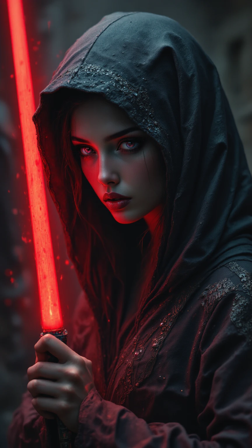 A seductively menacing Sith girl from the Star Wars universe stands ...