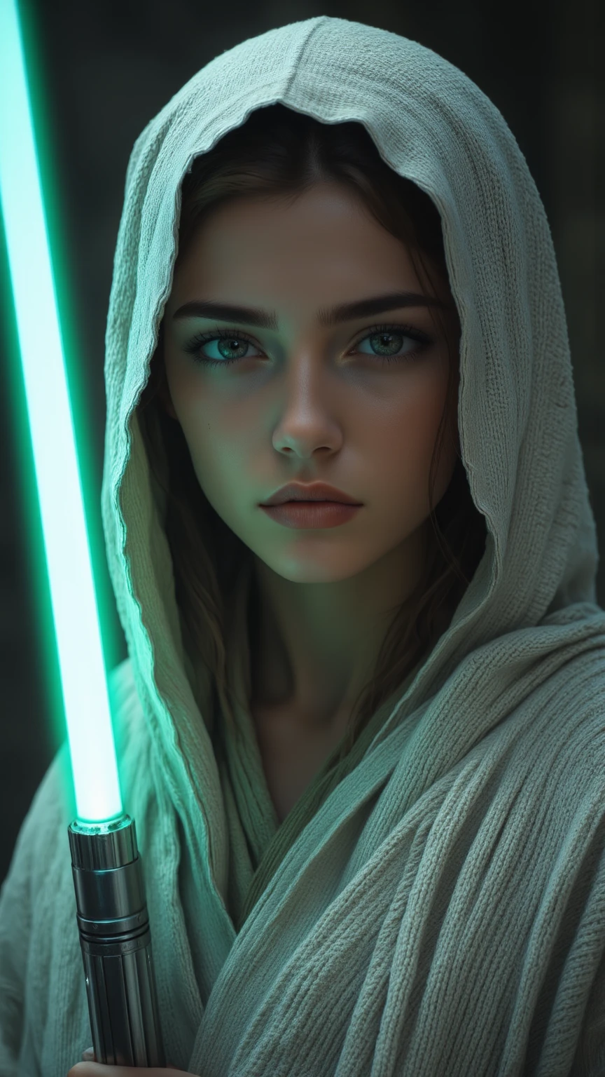 A calm yet resolute Jedi girl from the Star Wars universe stands before ...