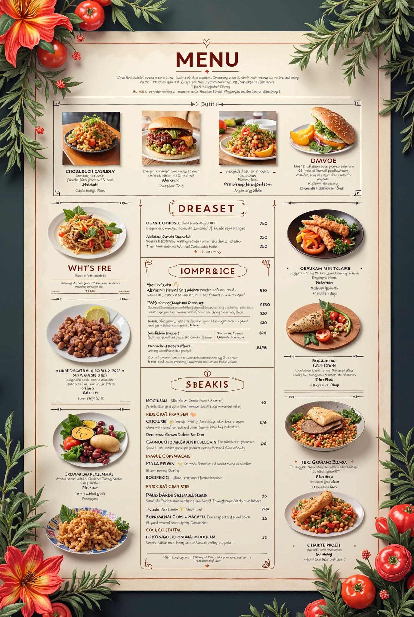 A close up of a menu with a bunch of different foods - SeaArt AI