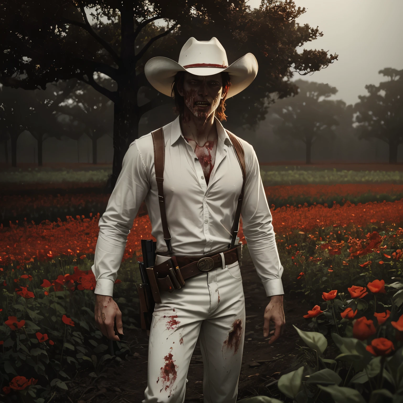 There is a man in a white shirt and hat walking through a field of ...