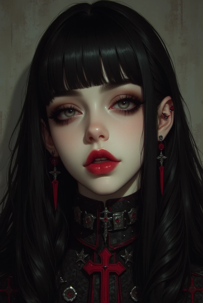 A vampire girl with long black hair,pale skin,blood,detailed face ...