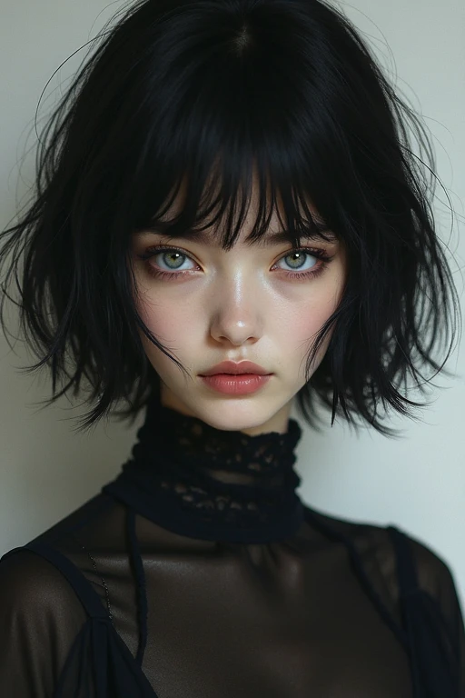 Jet black hair and pale gray eyes - SeaArt AI