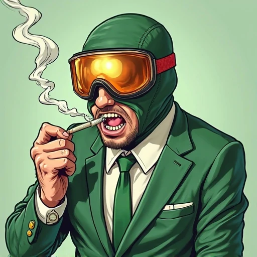 Guy in green suit green skimask smoking weed, angry funny cartoon ...