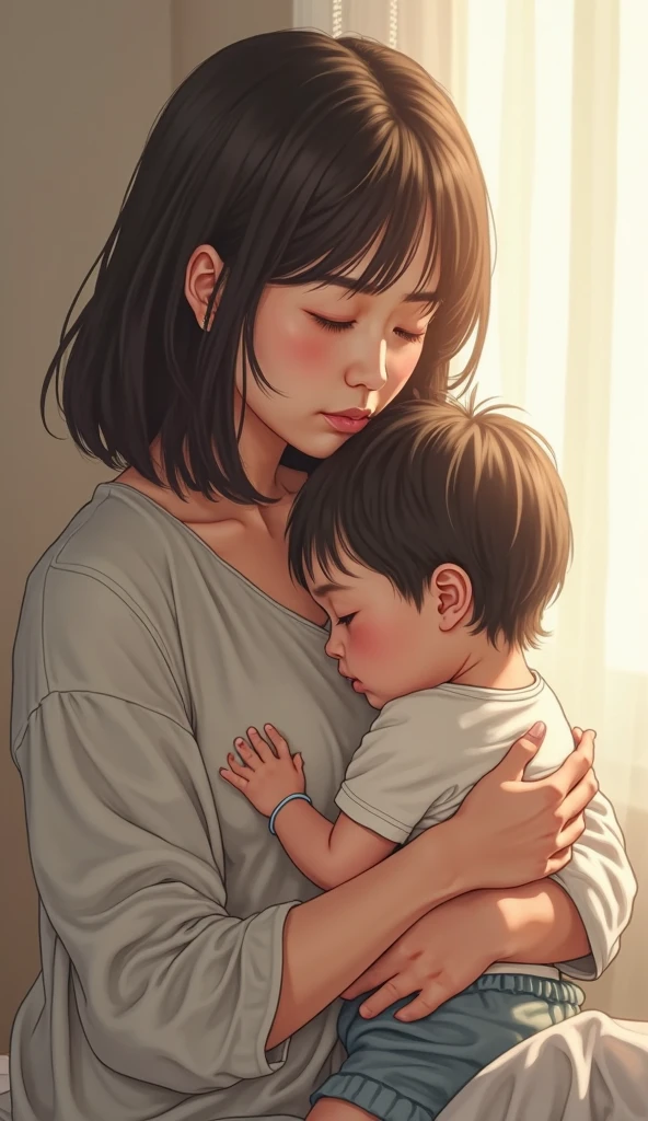 An Asian mother with shoulder-length brown hair holds her sick in her ...