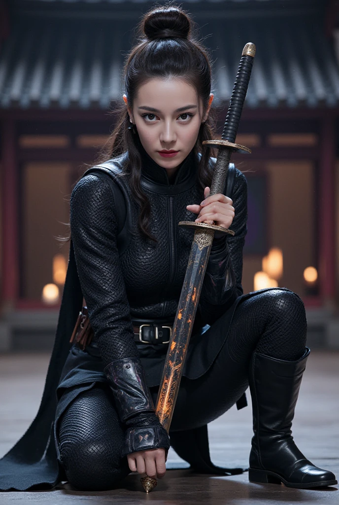 A battle scene in which a female ninja lands、Place one hand on the ...
