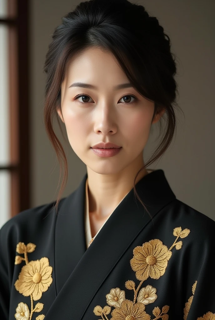 A close-up portrait of a stunning 50-year-old Japanese woman wearing a ...