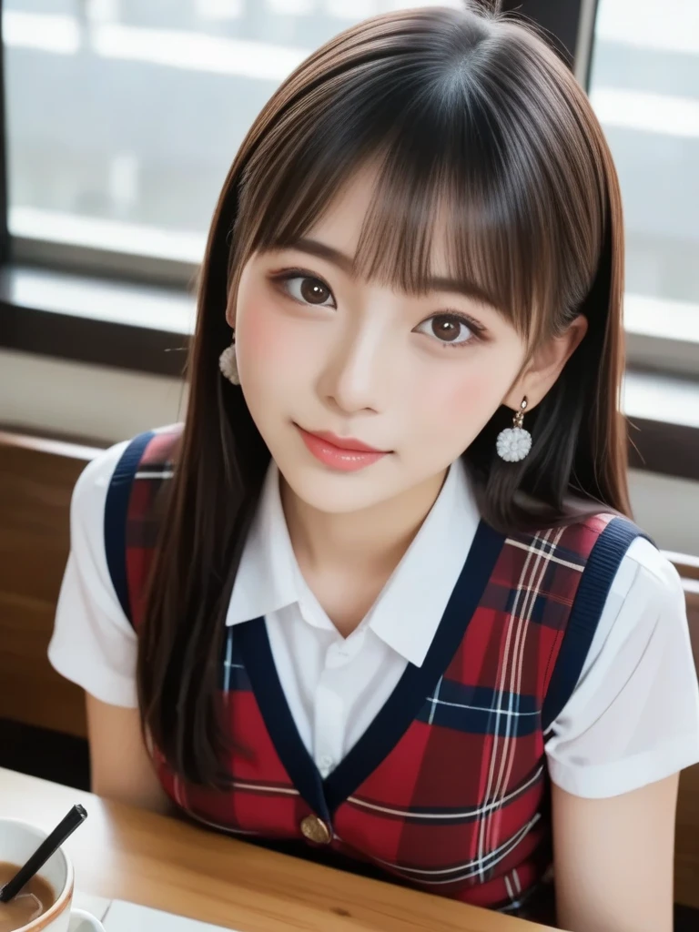 Japanese high school girl inside a cafe （（（ composition from oblique ...