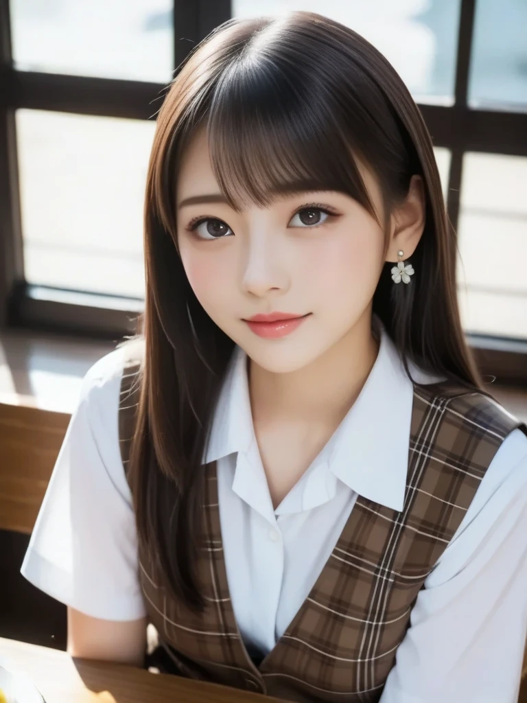 Japanese high school girl inside a cafe （（（An oblique gaze looking up ...