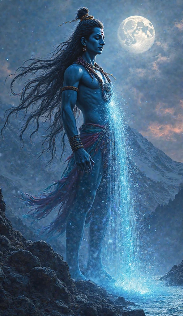 Prompt: A majestic vision of Lord Shiva standing tall, his matted locks ...