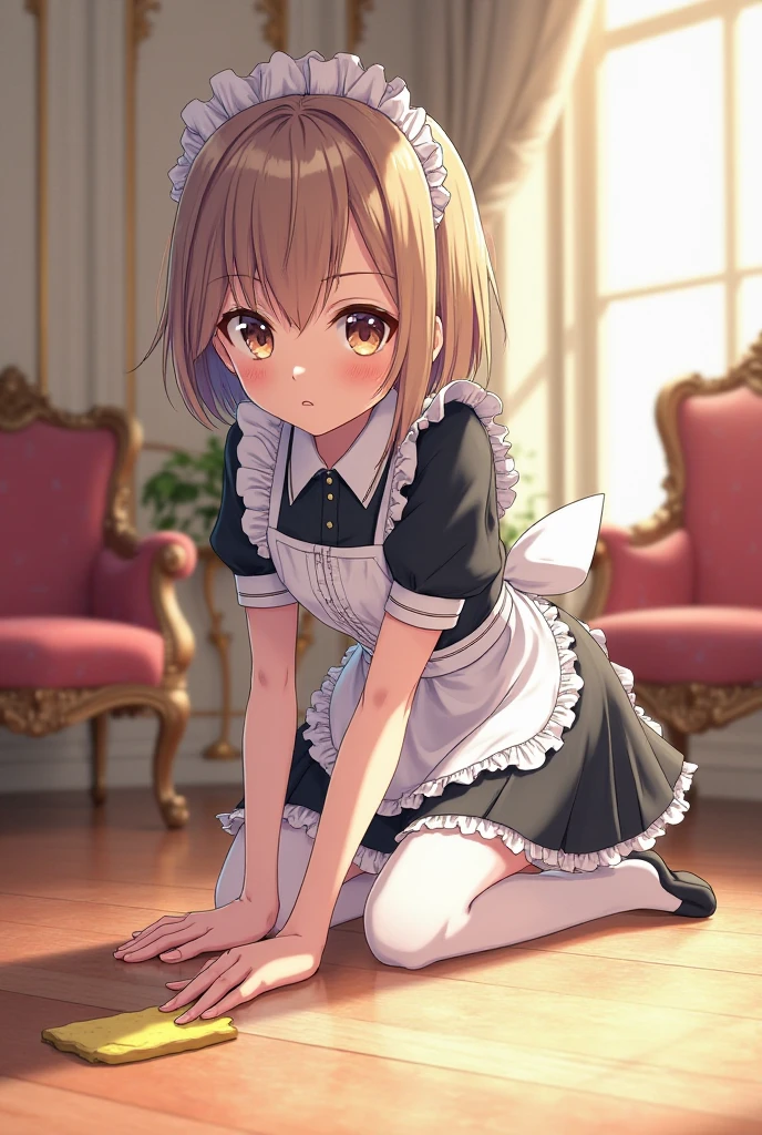 Anime maid washes the floor with a sponge while kneeling - SeaArt AI