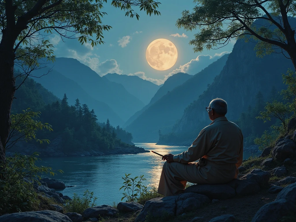 A full moon glowing brightly over the mountain peaks. Moonlight ...