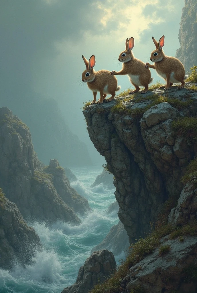 The rabbits quickly gather near the edge, forming a living chain by ...