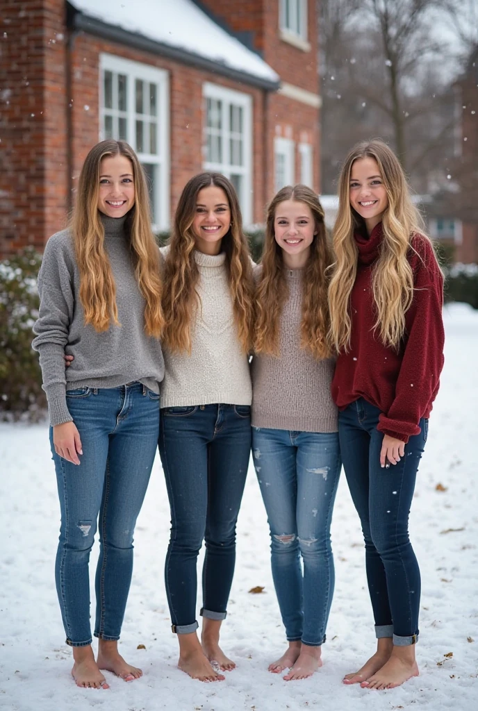 Realistic photo, two barefoot blonde female teachers and two barefoot ...