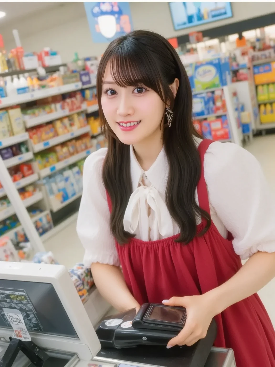 "A woman cashier working at a supermarket checkout counter. She is ...