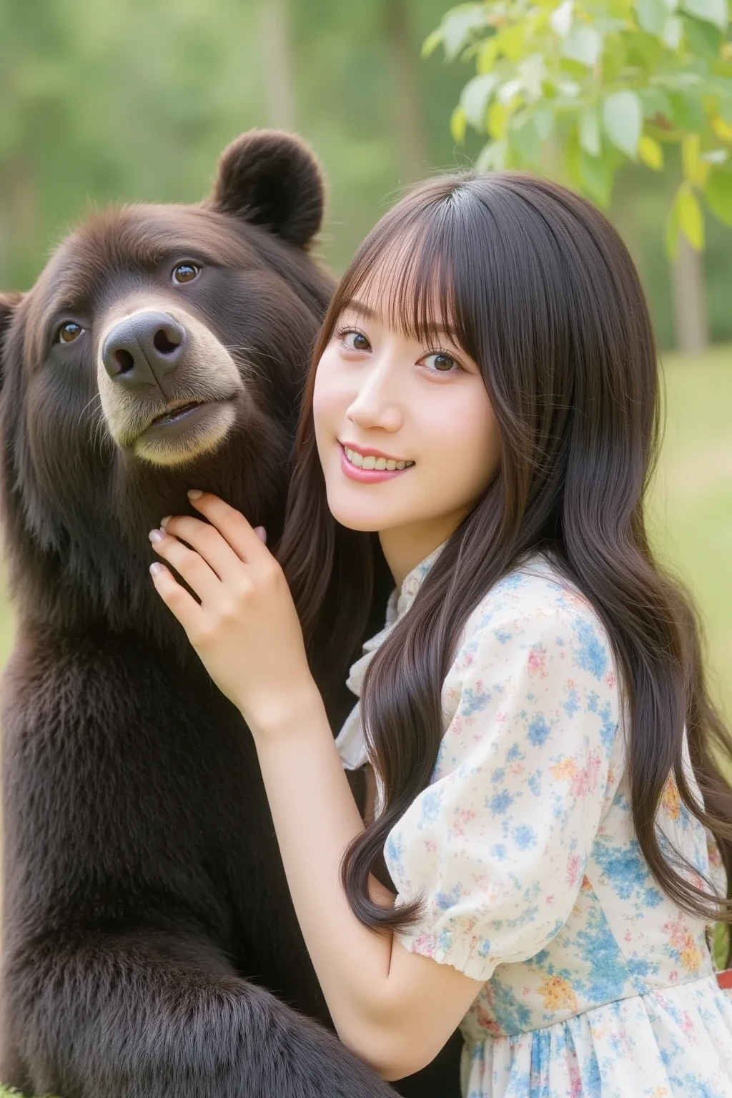 { "prompt": "A woman interacting gently with a Hokkaido brown bear ...