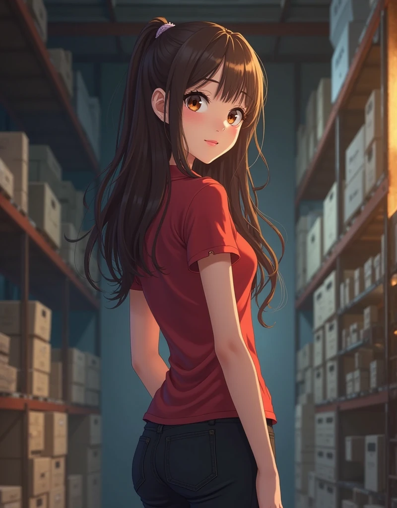 A close view of young anime woman standing in a storage room - SeaArt AI