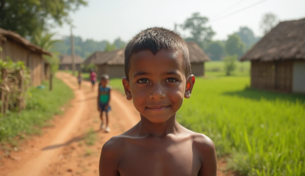 A young boy standing in a small rural village, wearing simple clothes ...