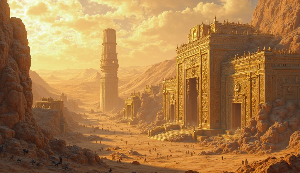 Ancient Babylon city with golden temples, pillars, and desert look ...