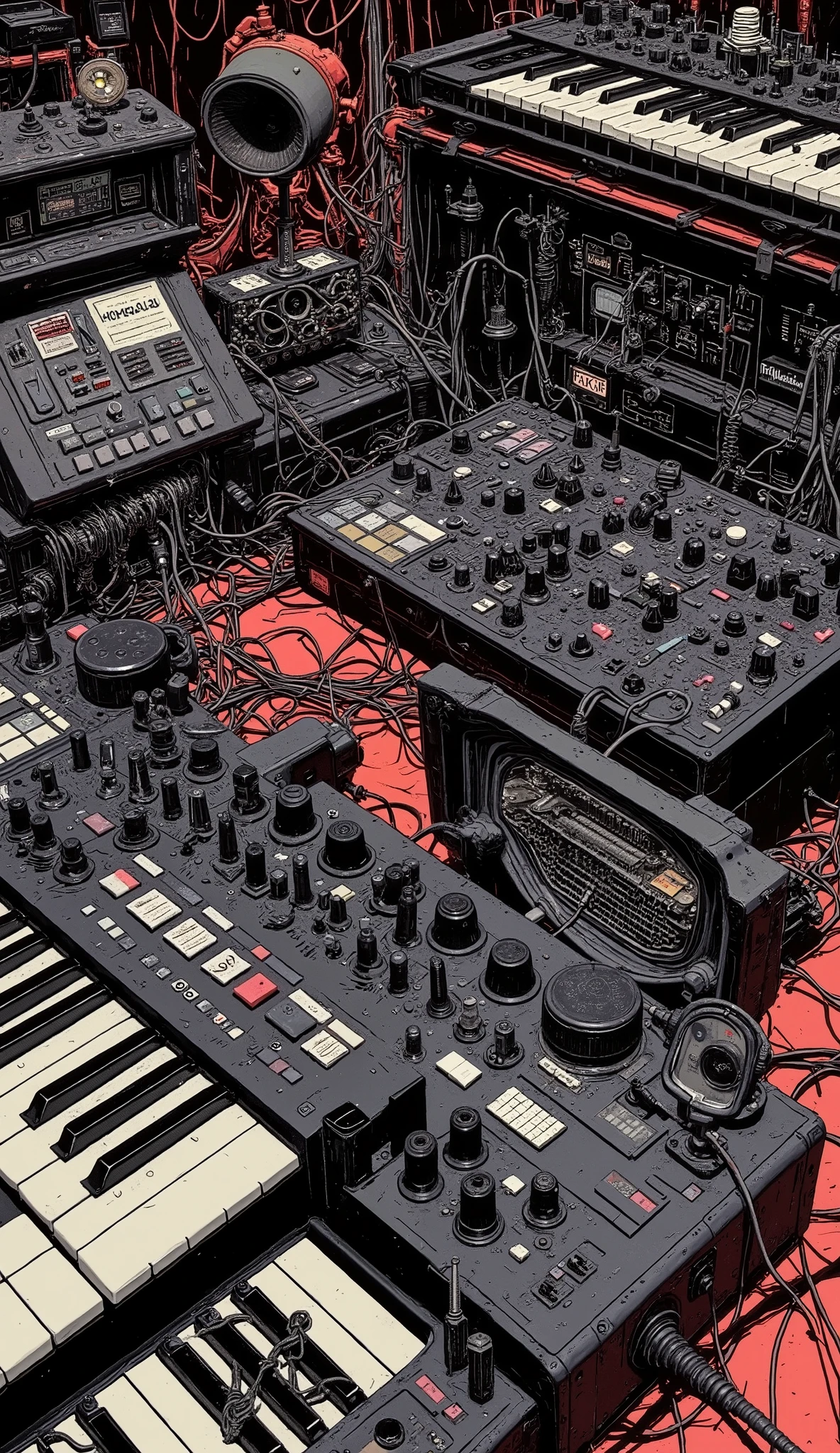 There are many electronic keyboards and keyboards on a table - SeaArt AI