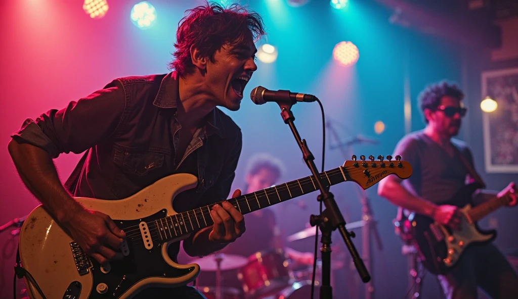 The band launches into the song, thrashing their instruments - SeaArt AI