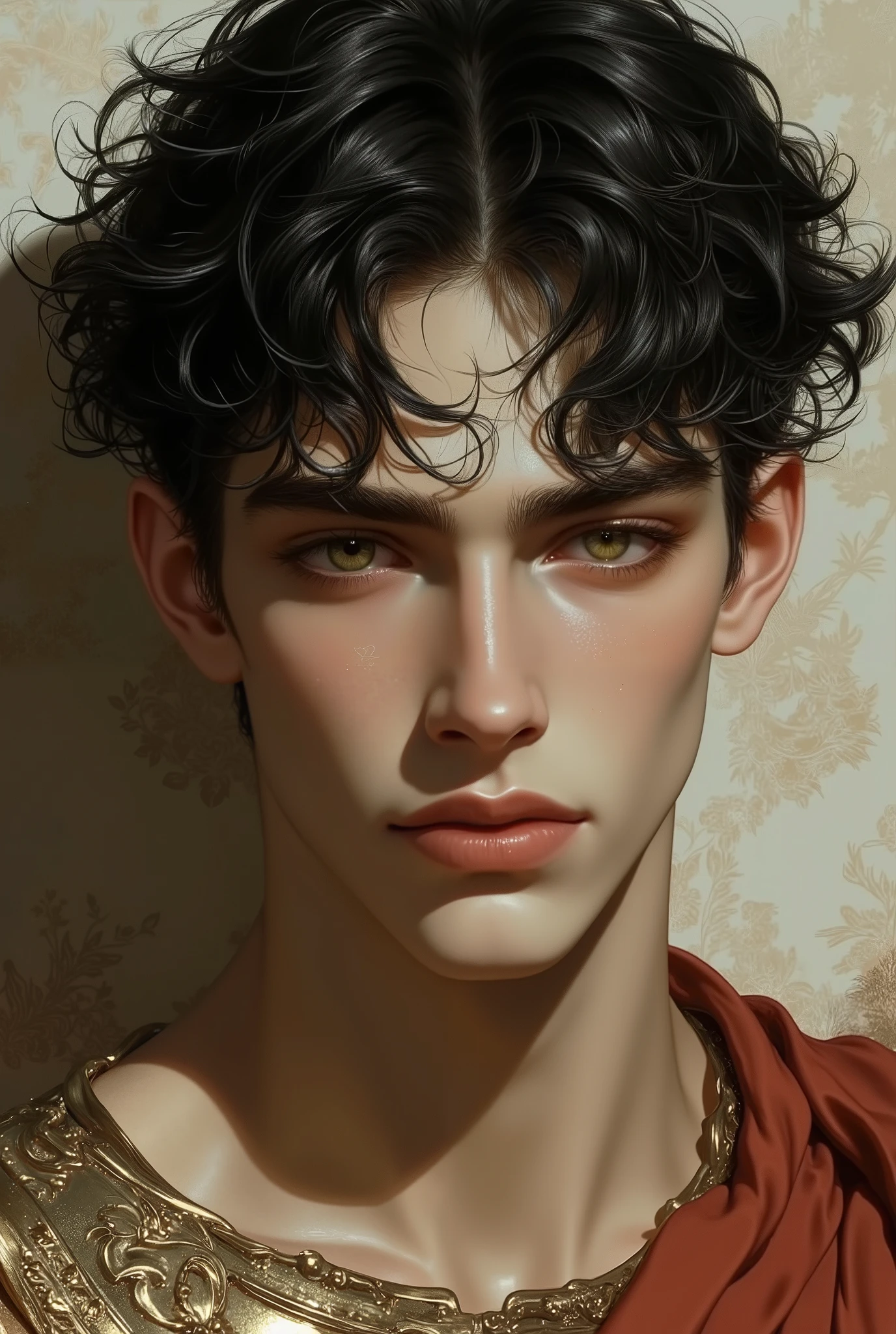 A close up of a man with a very short haircut wearing a red shirt ...