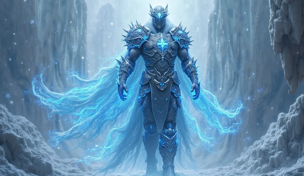 Ancient floating armour with blue energy patterns, ice elements - SeaArt AI