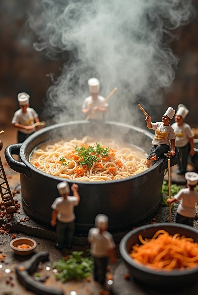 Prepare the broth: Tiny chefs wearing bone-in chef shirts in giant pots ...