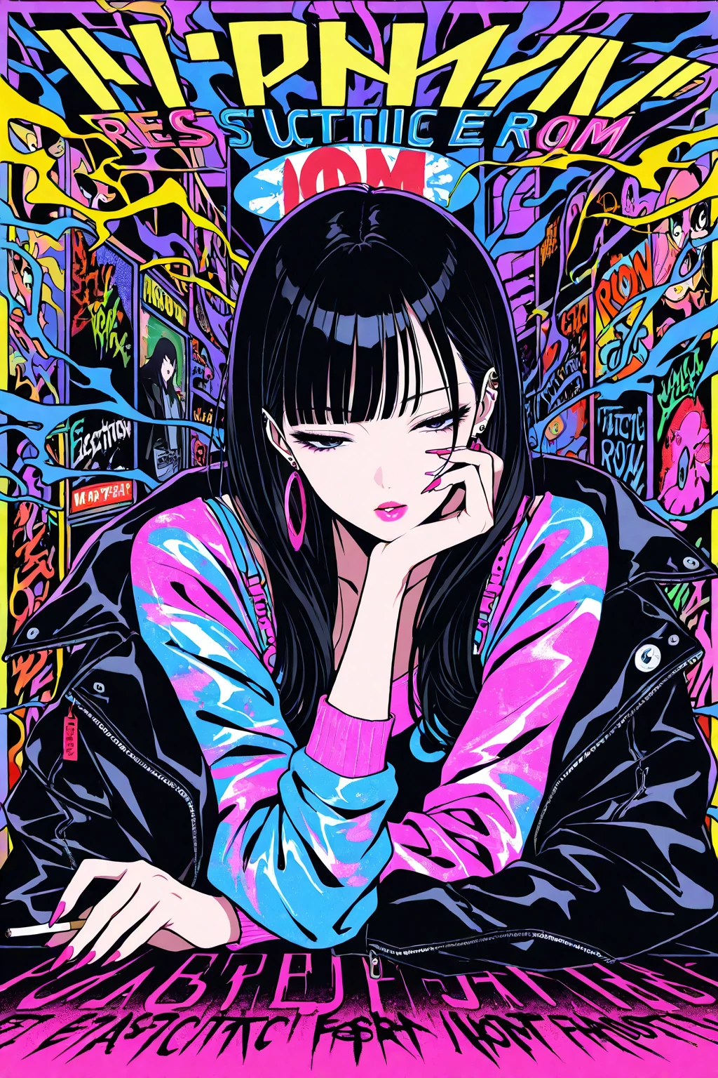flat color, gyaru, cool beauty, black hair, slender body, half - SeaArt AI
