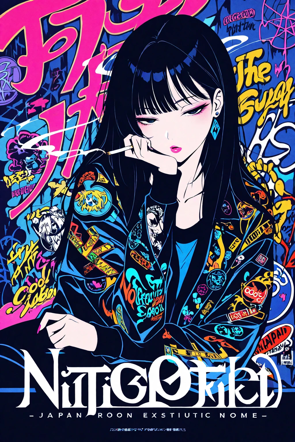 flat color, gyaru, cool beauty, black hair, slender body, half - SeaArt AI