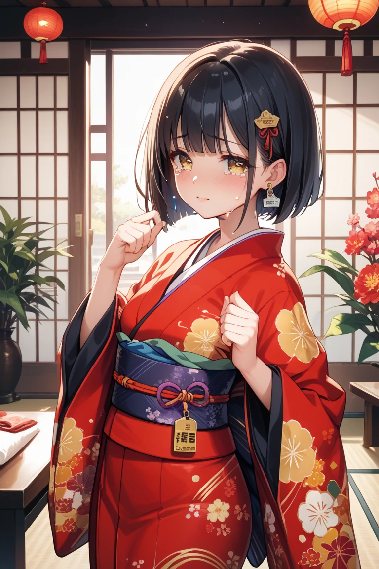 Hanakai, black hair, bob cut, golden eyes, kimono, shy, half - SeaArt AI