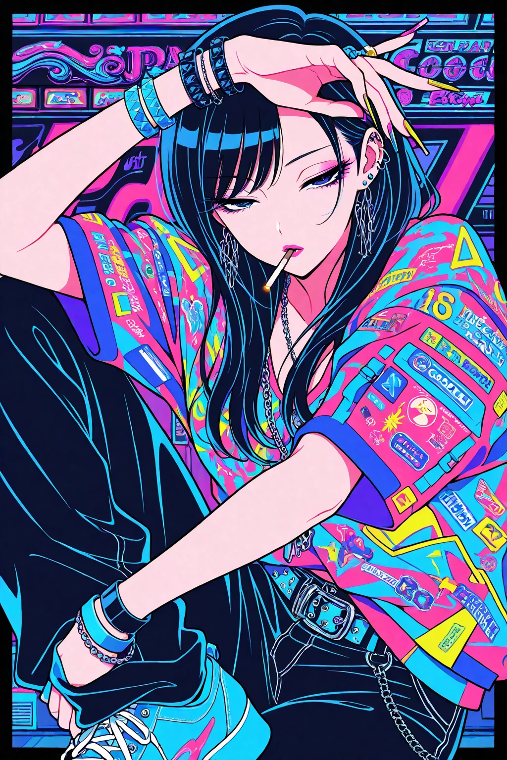 flat color, gyaru, cool beauty, black hair, slender body, half - SeaArt AI