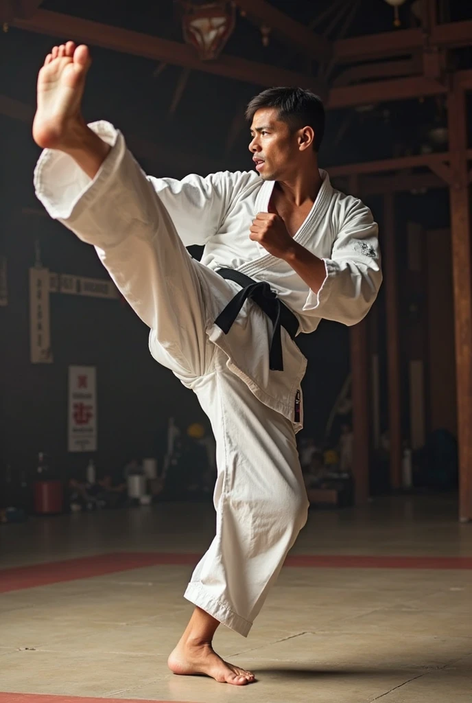 A karate in a dojo performing a high kick with great intensity - SeaArt AI