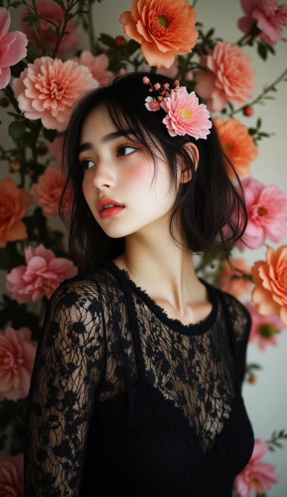 8k, masterpiece, highest quality, elegant, woman, black lace dress ...