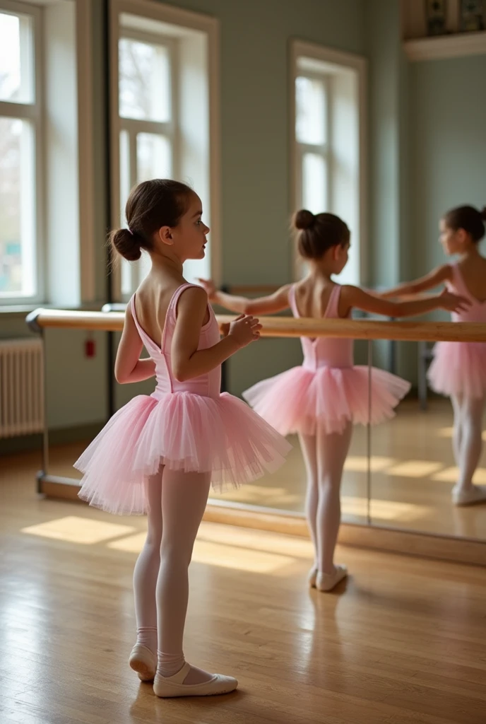 Highly realistic image of young ballet students in a dance classroom ...