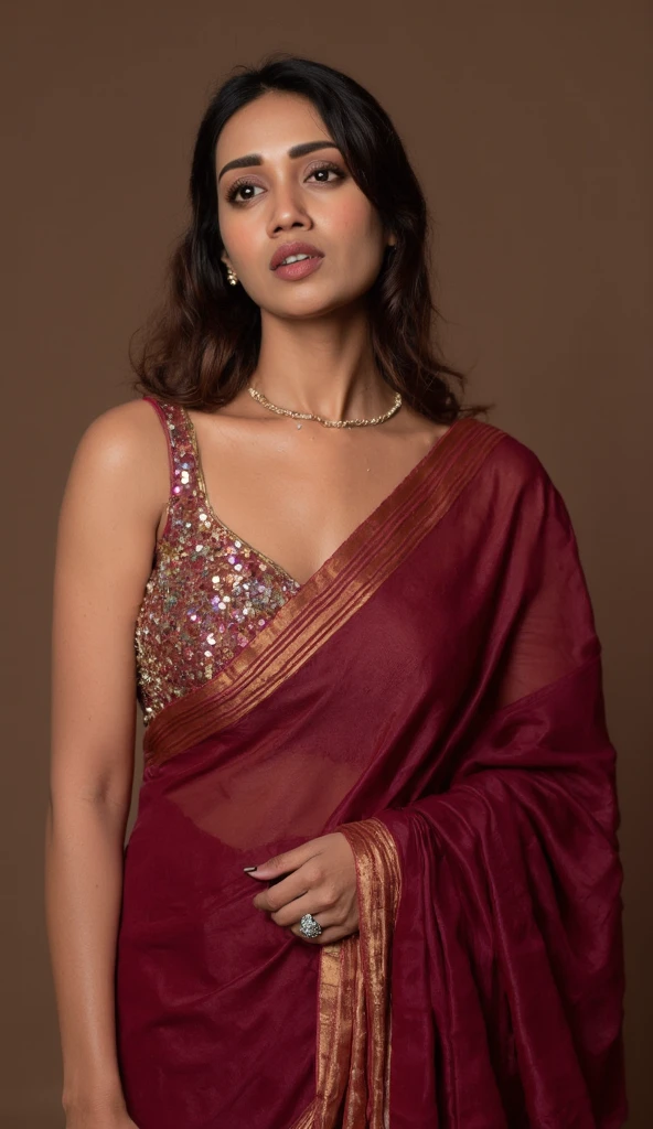 Generate a close up image of a woman in a maroon translucent sleeveless ...